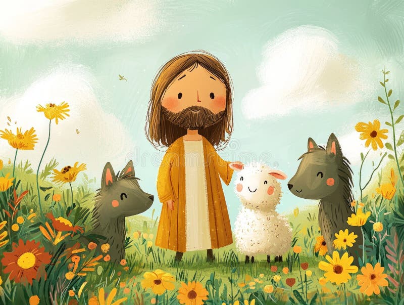 In Bright Meadow Jesus Stands Joyfully between Fluffy Lamb and Playful ...