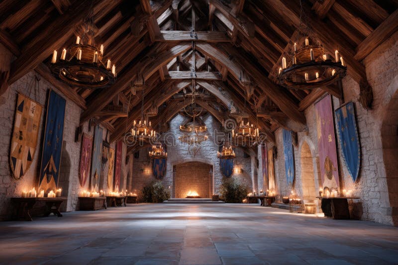 Bright Medieval Dining Hall with Fireplace, Torches and Decorative ...