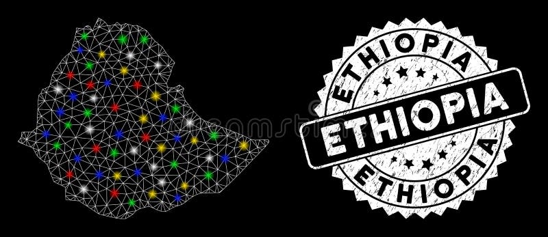 Bright Mesh Wire Frame Ethiopia Map with Flash Spots and Scratched ...