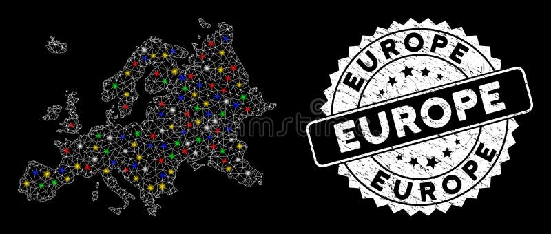 Bright Mesh Network Europe Map with Light Spots and Grunge Seal Stock ...