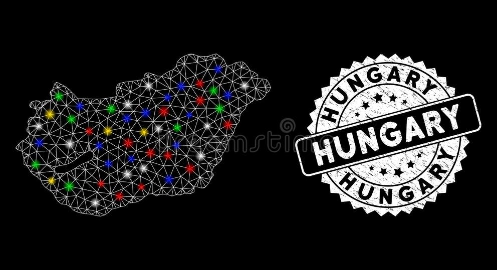 Bright Mesh Wire Frame Hungary Map with Flash Spots and Grunge Stamp ...