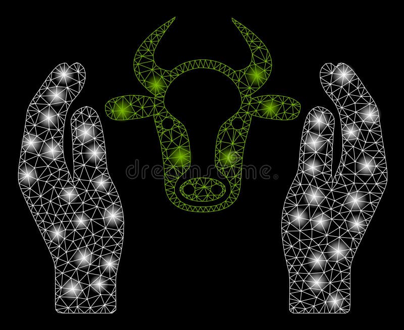 Bright Mesh Wire Frame Cow Head Care Hands with Flash Spots Stock ...