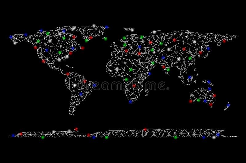 Bright Mesh Wire Frame World Continent Map with Light Spots Stock ...