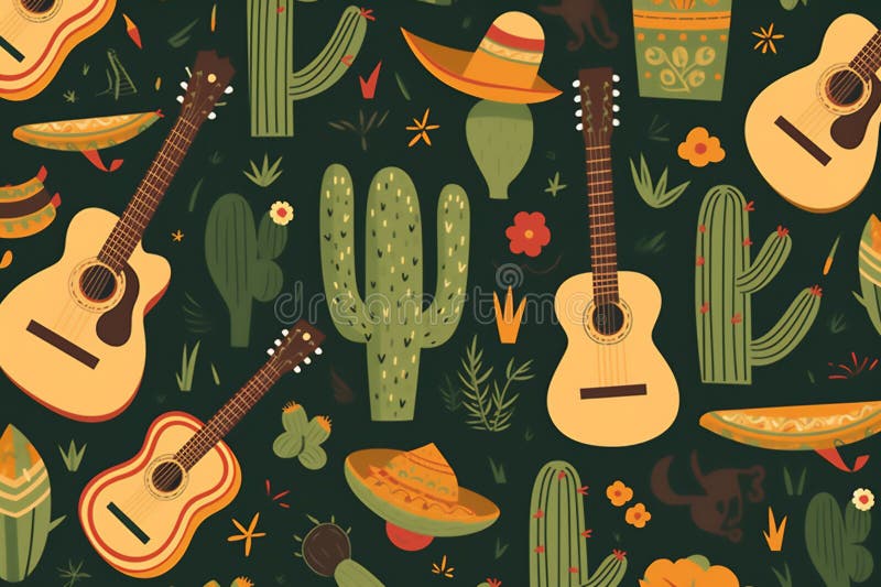 Bright Mexican Pattern on Black Background with Sombrero, Cinco De Mayo ...