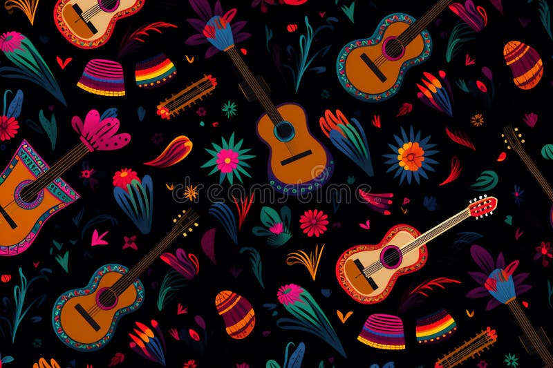 Bright Mexican Pattern on Black Background with Sombrero, Cinco De Mayo ...
