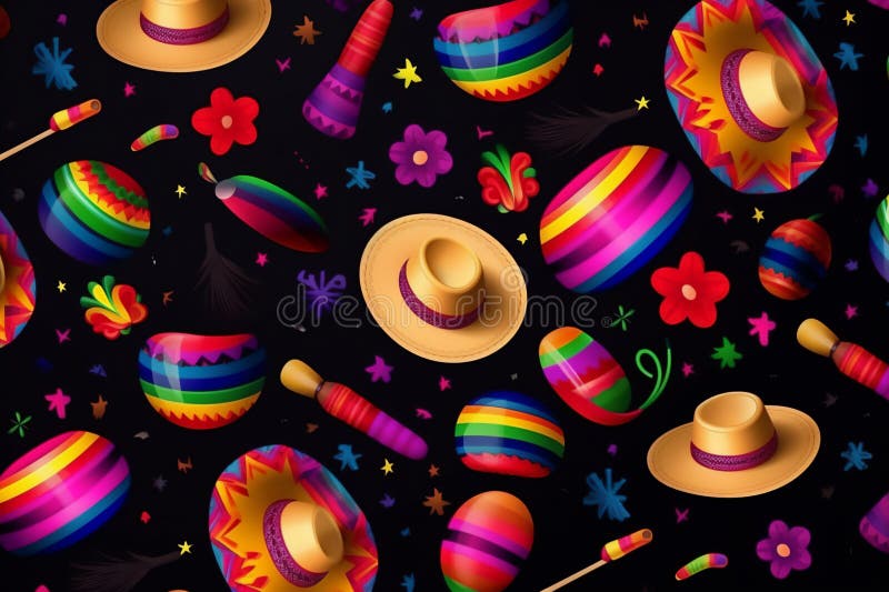 Bright Mexican Pattern on Black Background with Sombrero, Cinco De Mayo ...