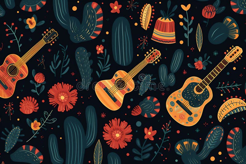 Bright Mexican Pattern on Black Background with Sombrero, Cinco De Mayo ...