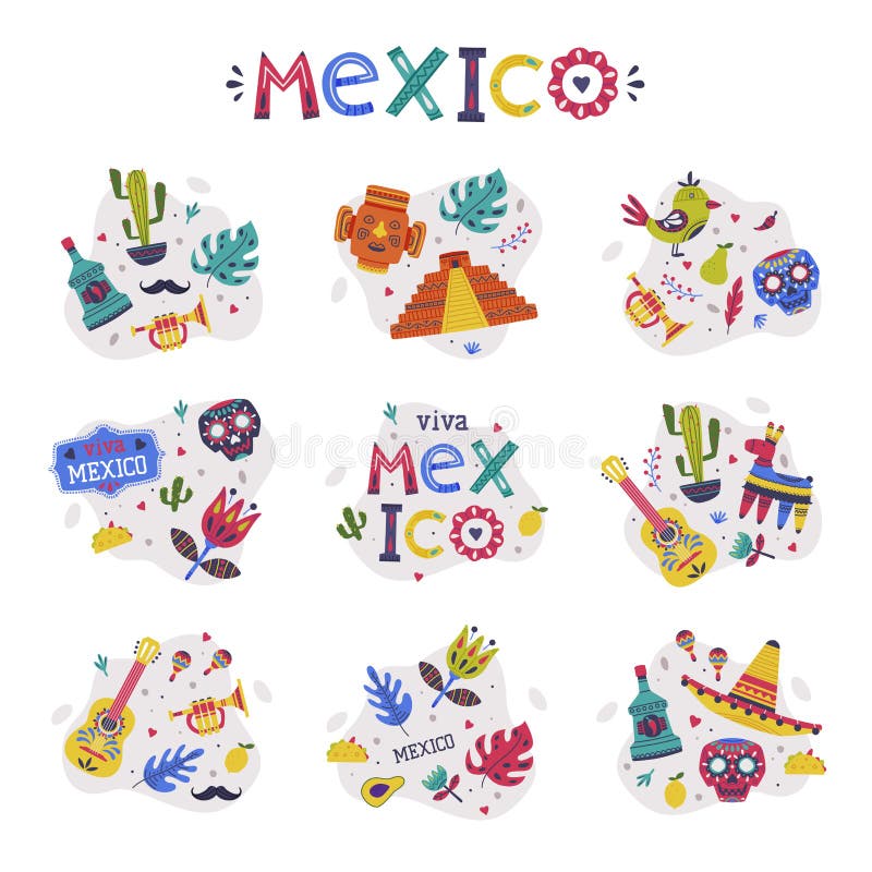 Bright Mexico Elements and Symbols Composition Vector Set Stock ...