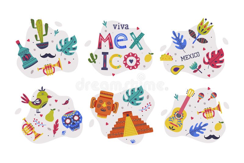 Bright Mexico Object with Guitar, Skull and Tequila Element Vector ...