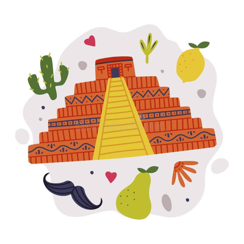 Bright Mexico Object with Pyramid and Cactus Element Vector Composition ...