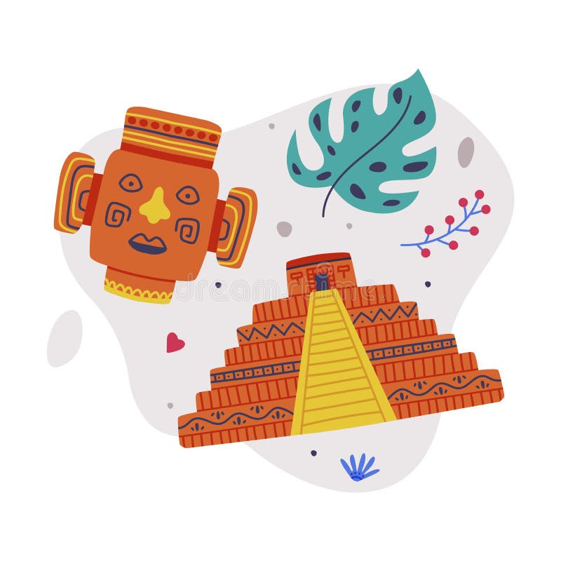 Bright Mexico Object with Step Pyramid, Wooden Mask and Leaf Element ...