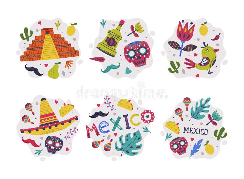 Bright Mexico Object with Tequila, Skull and Sombrero Hat Element ...