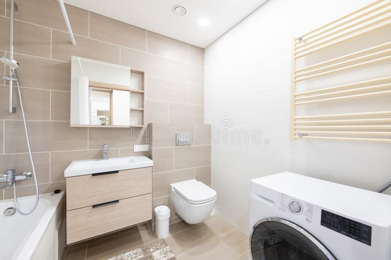 Modern Home Bathroom Interior with Washing Machine and Minimalist ...