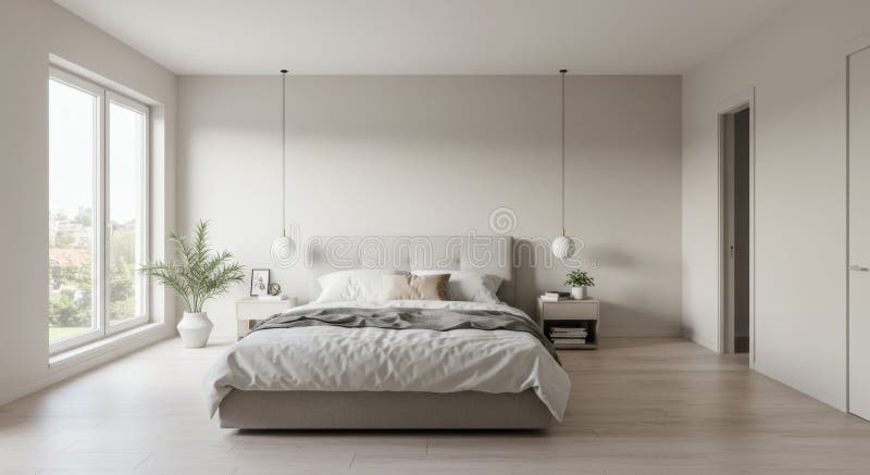 Bright Minimalist Bedroom Interior Design with Neutral Colors Stock ...
