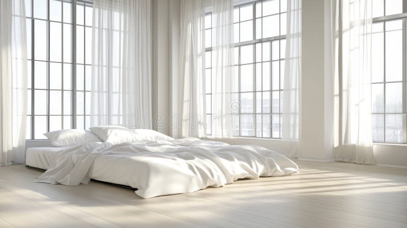 Bright Minimalist Bedroom Interior with Sunlight and Clean White Linens ...