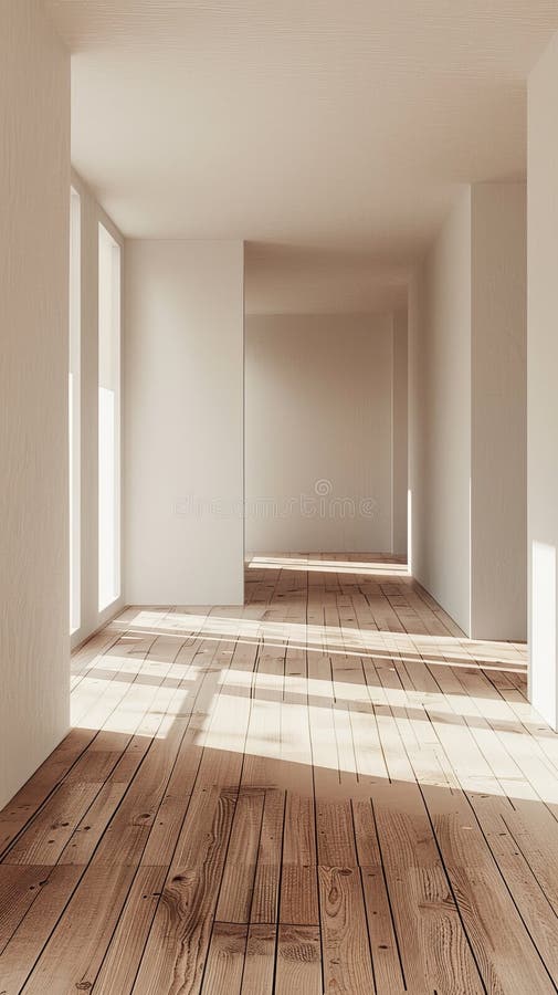 Bright Minimalist Interior with Wooden Floor and Sunlight Reflections ...