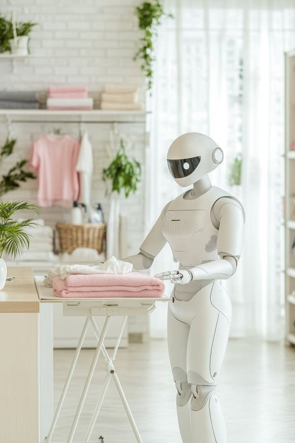 Humanoid Robot Efficiently Irons Clothes in a Bright Minimalist Laundry ...