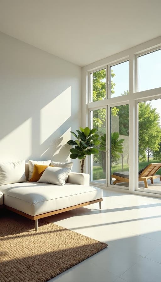 Bright Minimalist Living Space, Large Windows, Sun Streaming in, Living ...