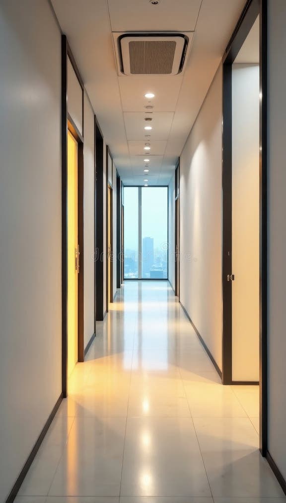 Bright Minimalist Office Corridor Efficient AC System Ventilation ...