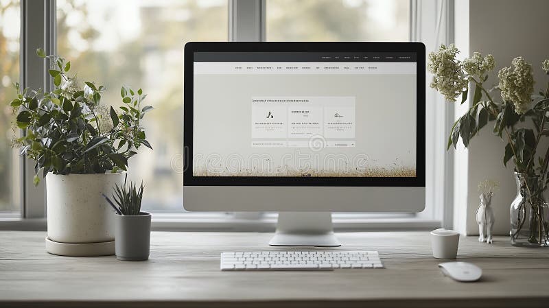 Minimalist Workspace Featuring Desktop Computer, Plants, and Neutral ...