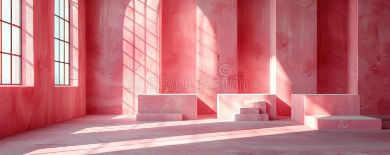 Bright Minimalistic Pink Interior with Large Windows and Step-platforms ...
