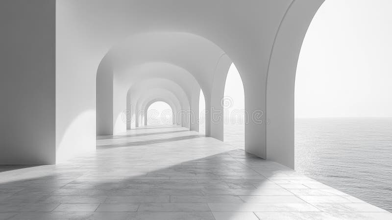 A Bright and Minimalistic White Hallway with Arches and an Ocean View ...