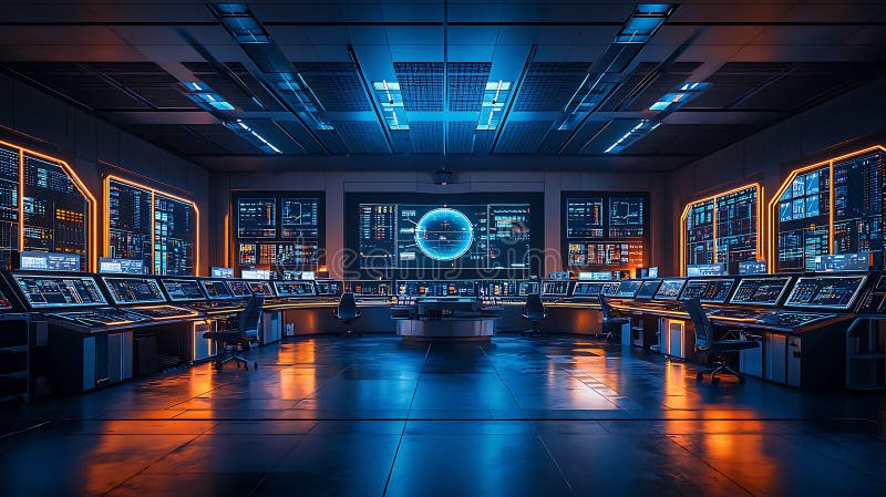 Bright Mission Control Center with Satellite Tracking Displays and ...