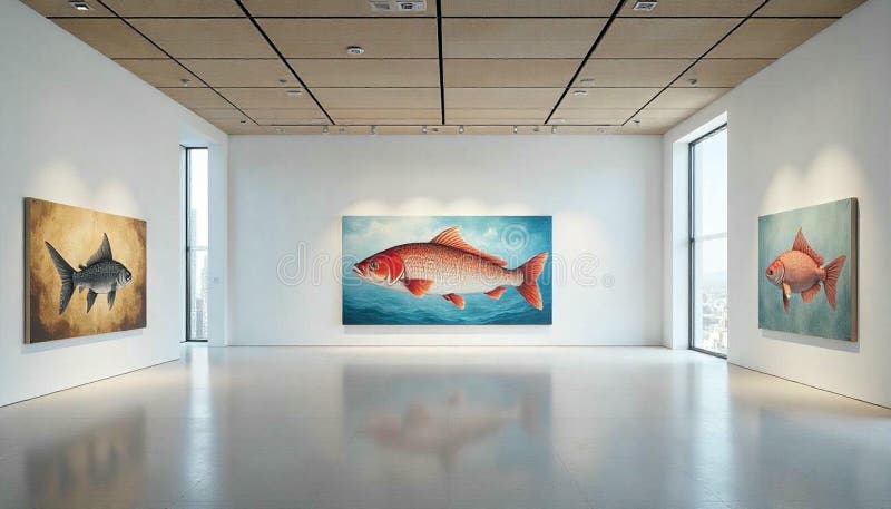 Bright, Modern Art Gallery Featuring Three Large Fish Paintings. Stock ...