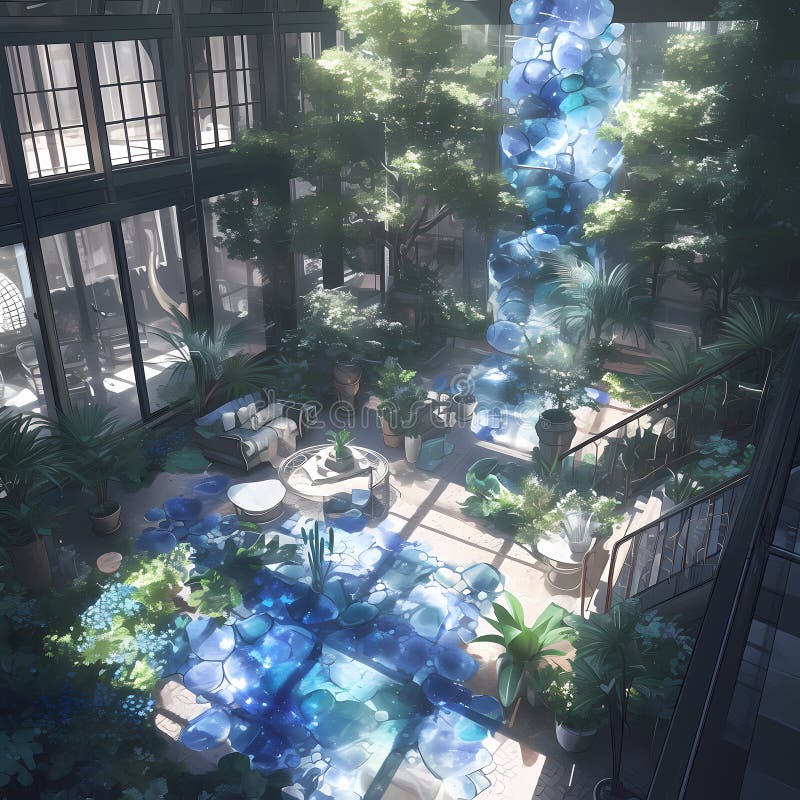 Bright, Modern Atrium with Water Feature and Plants Stock Illustration ...