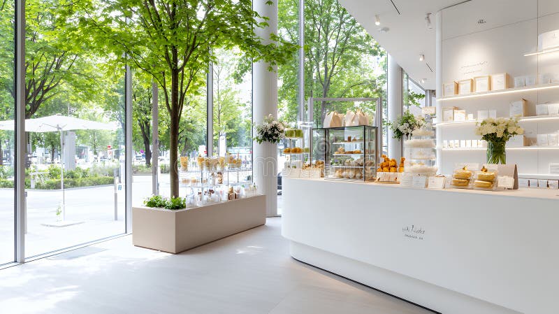 Bright and Modern Bakery Interior with Fresh Pastries and Greenery ...