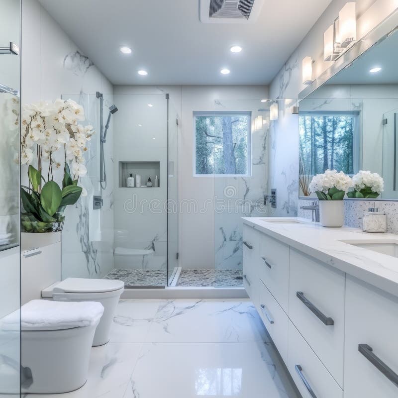 Bright, Modern Bathroom Design with Walk-in Shower, White Marble, and ...