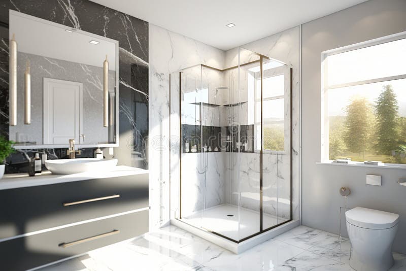 A Bright Modern Bathroom with a Large Shower and a Large Mirror, 3D ...