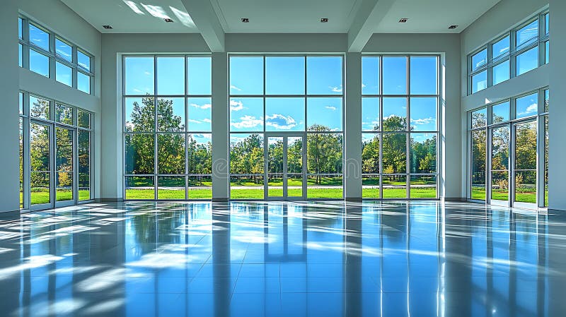 Bright Modern Building Interior with Huge Windows Overlooking the ...