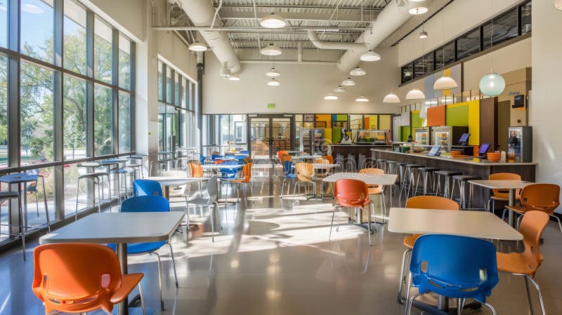 Bright Modern Cafeteria with Colorful Chairs and Large Windows in a ...