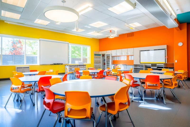 A Bright and Modern Classroom with Colorful Chairs and Round Tables ...