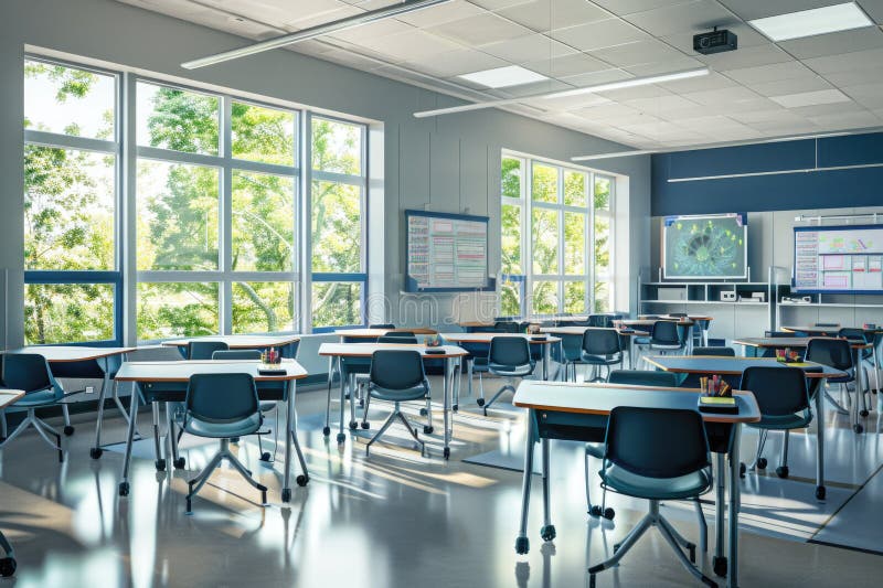 Futuristic School Classroom with Advanced Technology and Panoramic ...