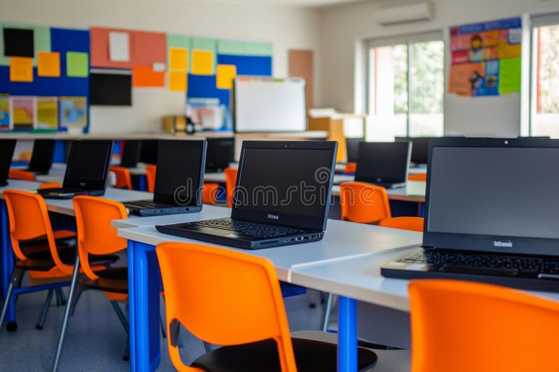 A Bright and Modern Classroom Filled with Laptops and Orange Chairs ...