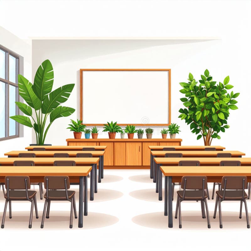 Bright Modern Classroom Interior with Plants and Whiteboard Stock ...