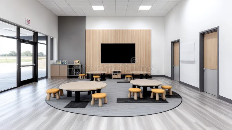 Bright and Modern Classroom Setup with Tables and Chairs for Children ...