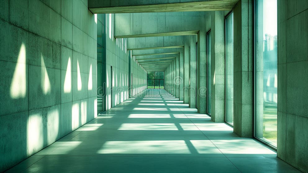 Bright Modern Concrete Hallway with Sunlight and Strong Shadows ...