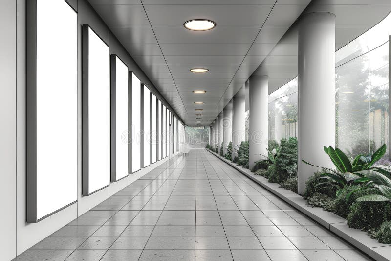 Bright Modern Corridor with Vertical Gardens and Soft Lighting, Ideal ...