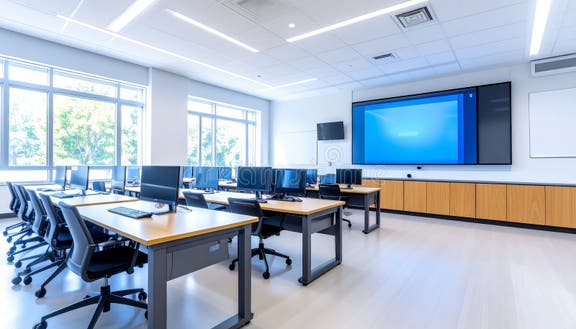 A Bright, Modern, and Empty Computer Lab or Training Room with Rows of ...