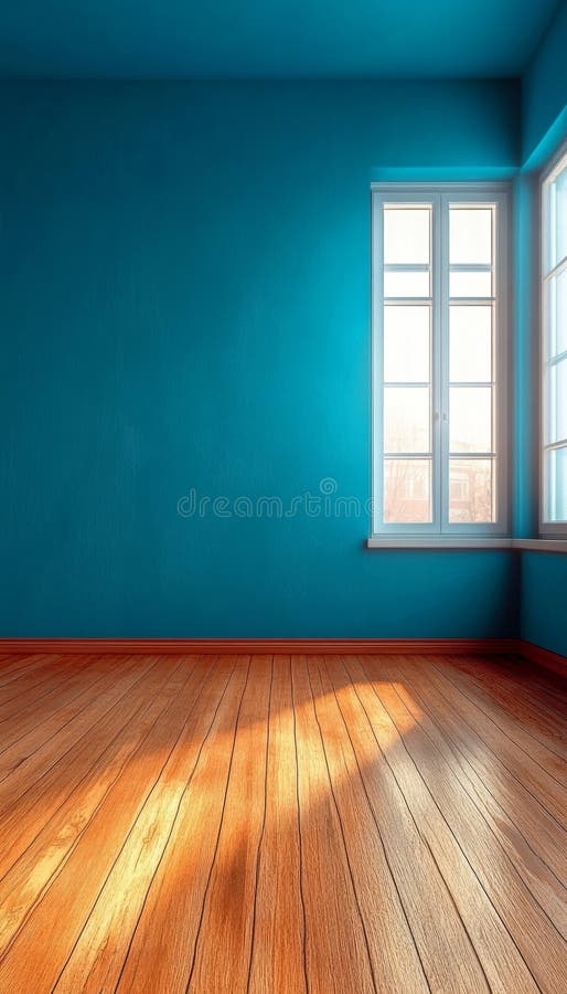 Bright Modern Empty Space with Blue Wall Illuminated by Sun Rays ...