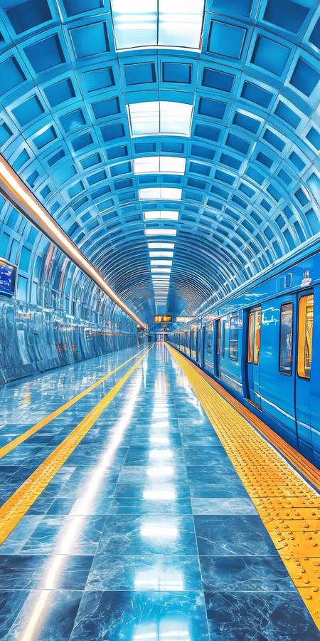 Bright, Modern, Empty Underground Train Station with a Blue Train ...