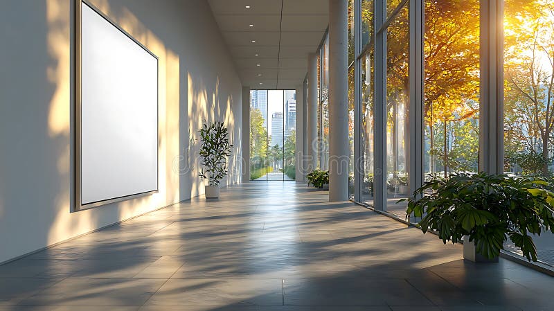 Bright, Modern Hallway with Large Windows and Blank Wall for Display ...