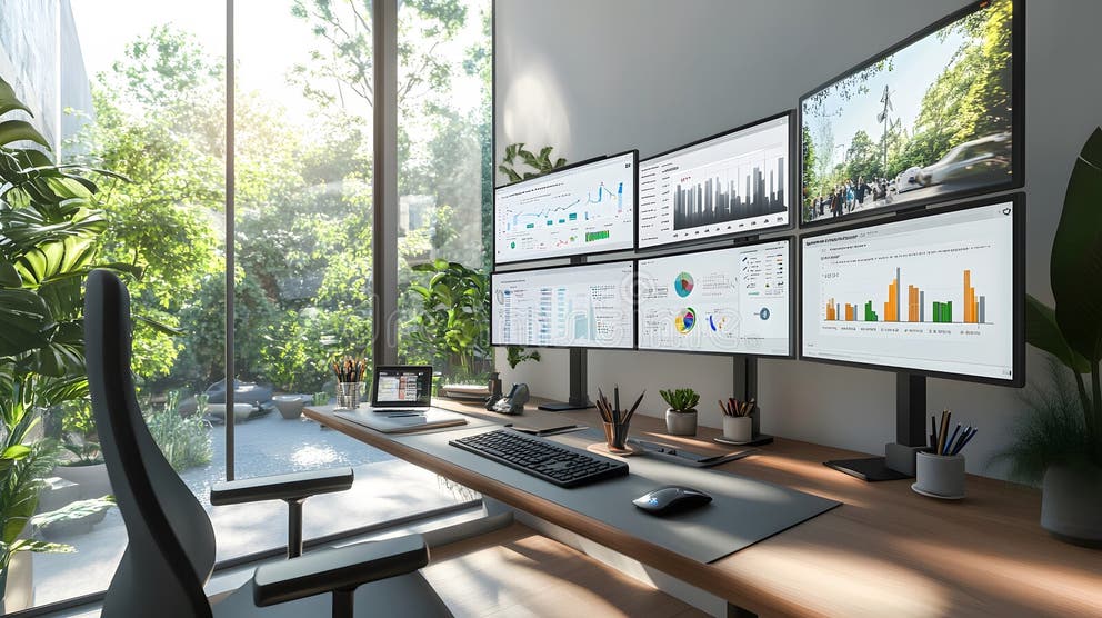 Bright Modern Home Office with Multiple Monitors Displaying Data Charts ...