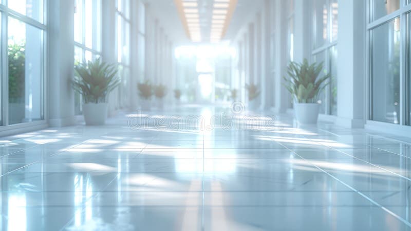 Bright Modern Hospital Corridor with Panoramic Windows and Lush ...