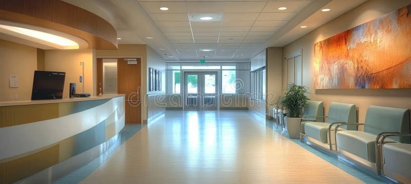 Bright, Modern Hospital Corridor with Waiting Area, Reception Desk, and ...
