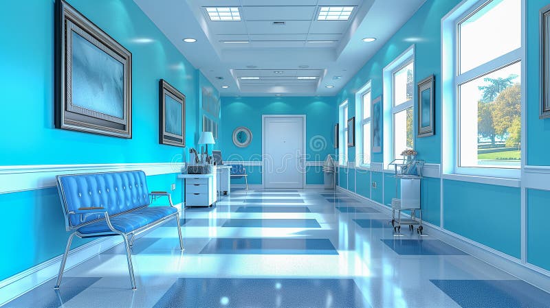 Bright and Modern Hospital Hallway with Blue Seating and Windows Stock ...