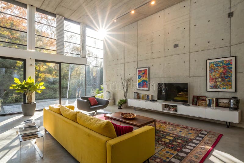 Modern Living Room with Concrete Walls and Sunlight Stock Illustration ...
